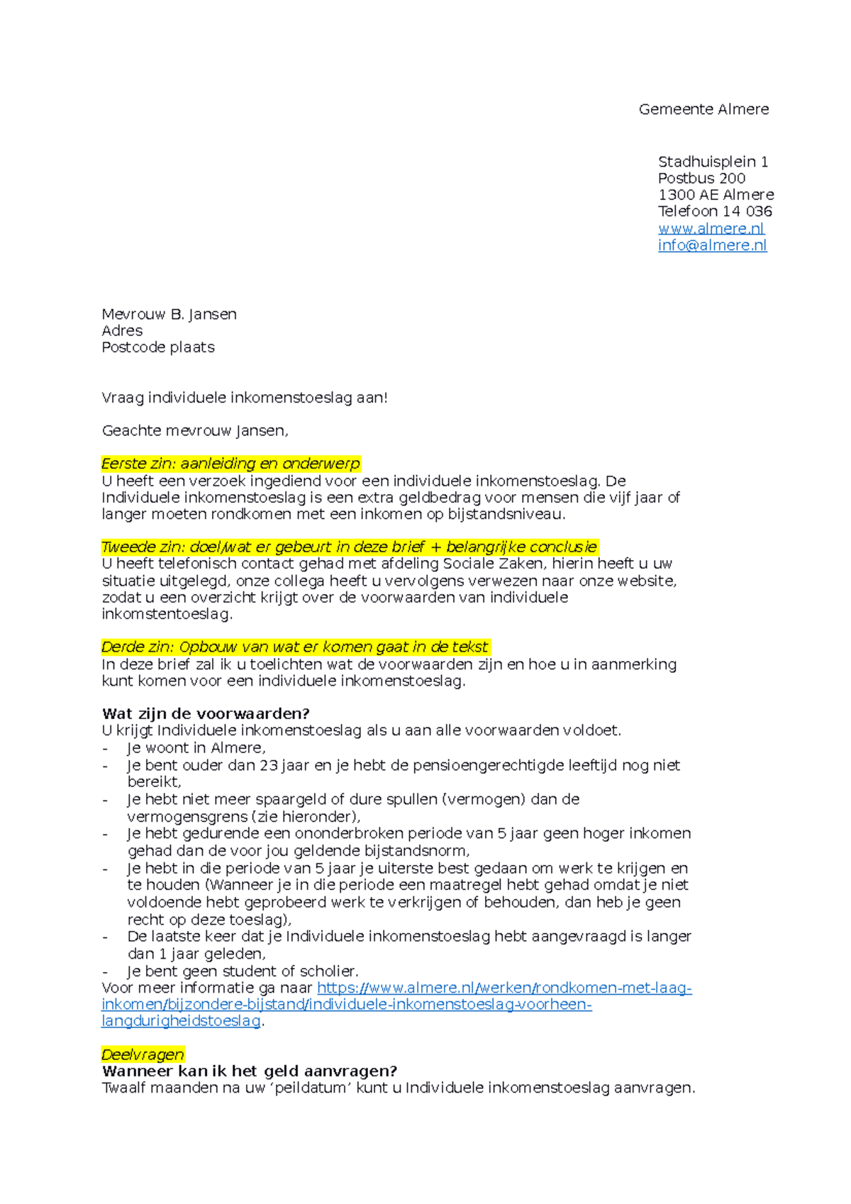Brief concept L - schriftelijk informatie opvragen - Gemeente Almere ...