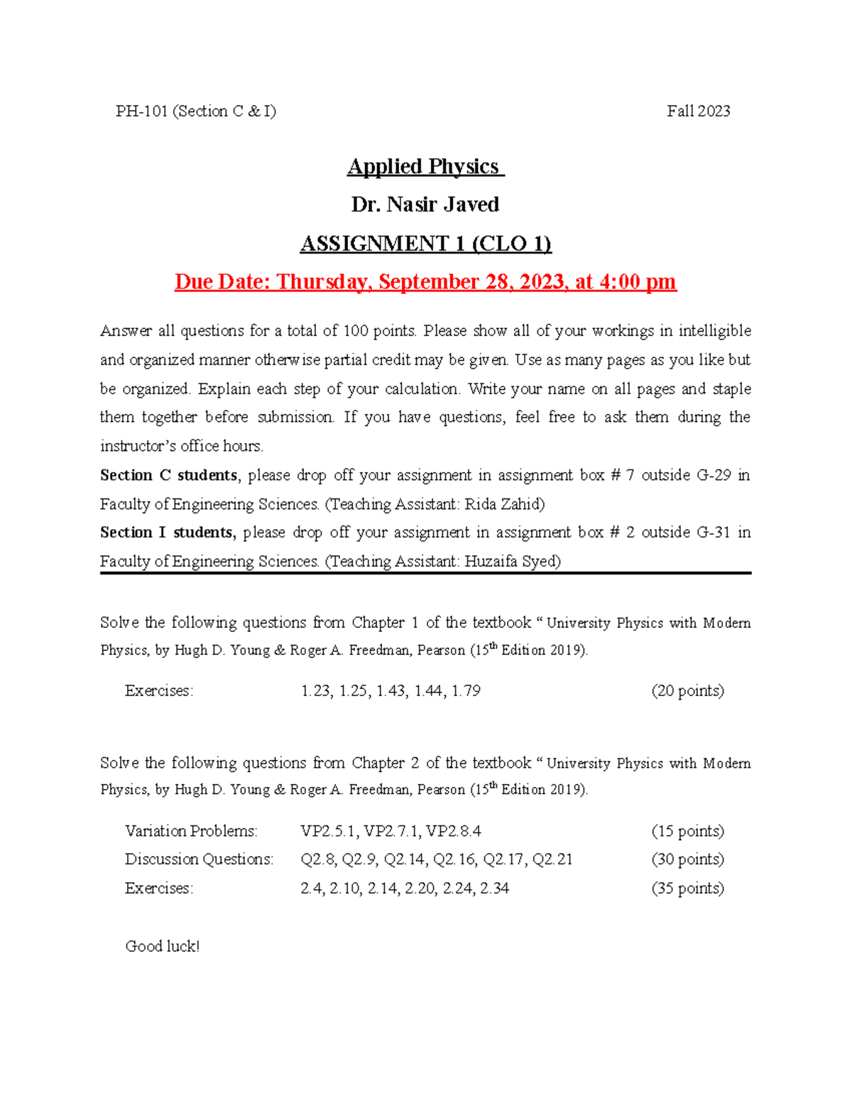 PH-101 Assignment 1 - good - PH-101 (Section C & I) Fall 2023 Applied ...