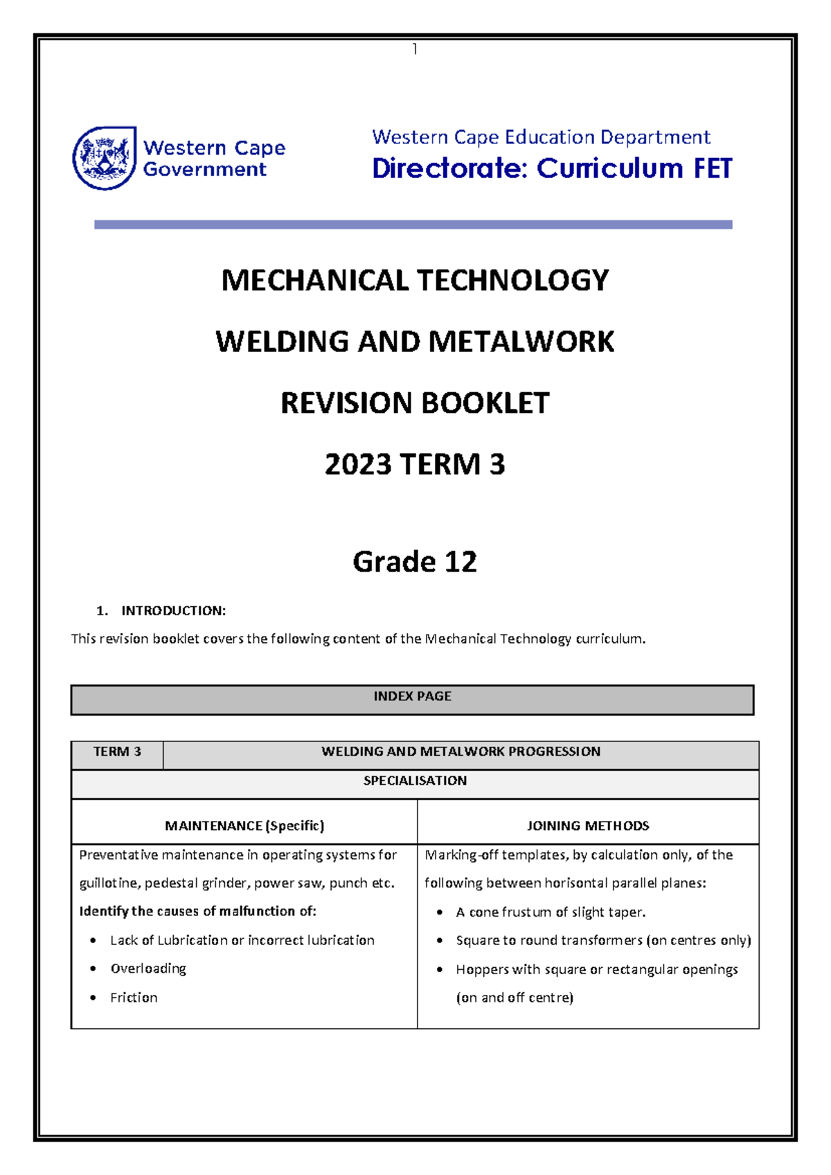 Mechanical Technology (Welding) Grade 12 Term 3 Revision Booklet 2023 ...