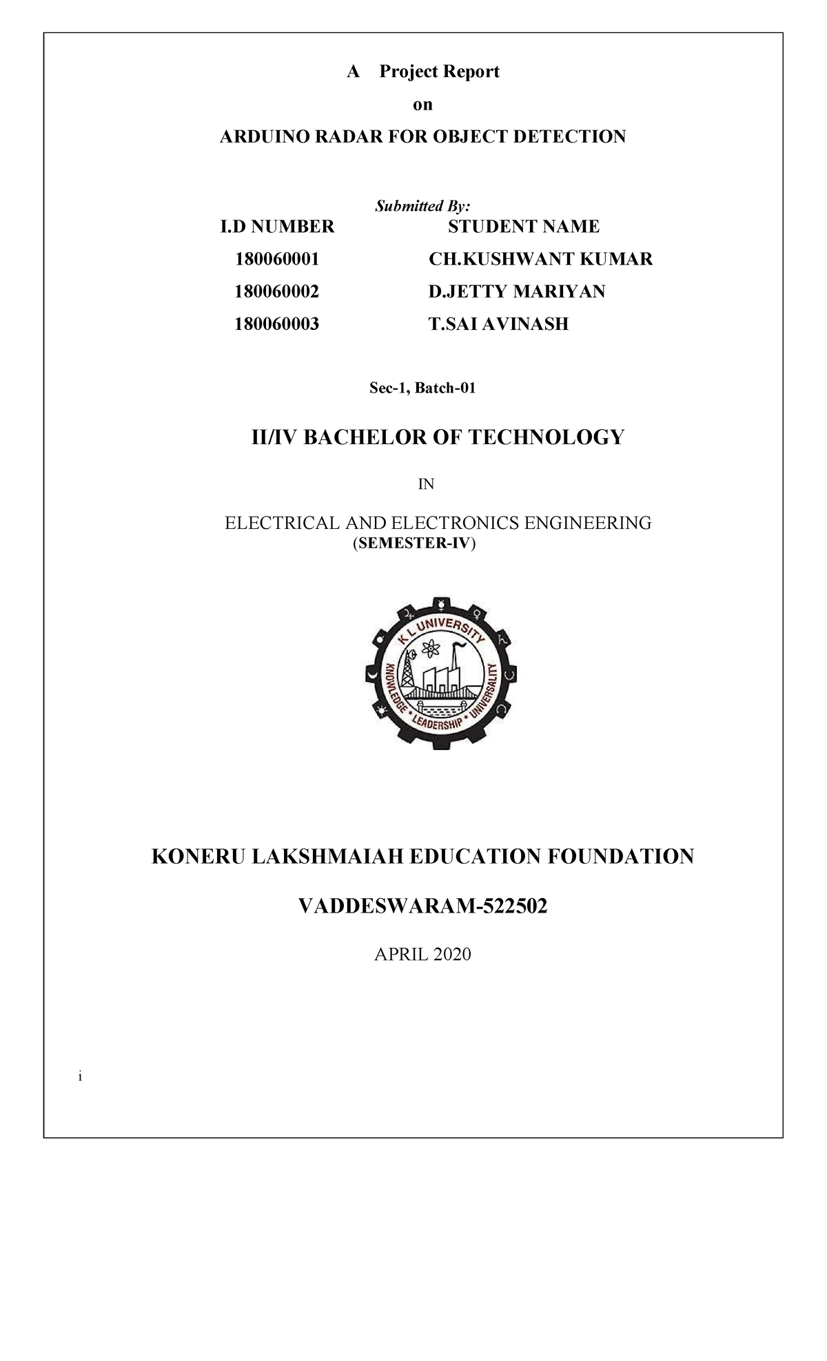 A Project Report On Arduino Radar For Ob I A Project Report On Arduino Radar For Object 6525
