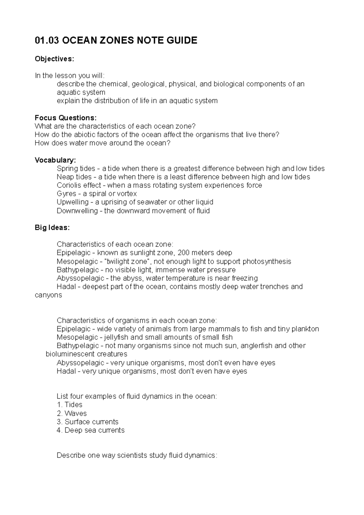 01 03 notes - 01 OCEAN ZONES NOTE GUIDE Objectives: In the lesson you ...