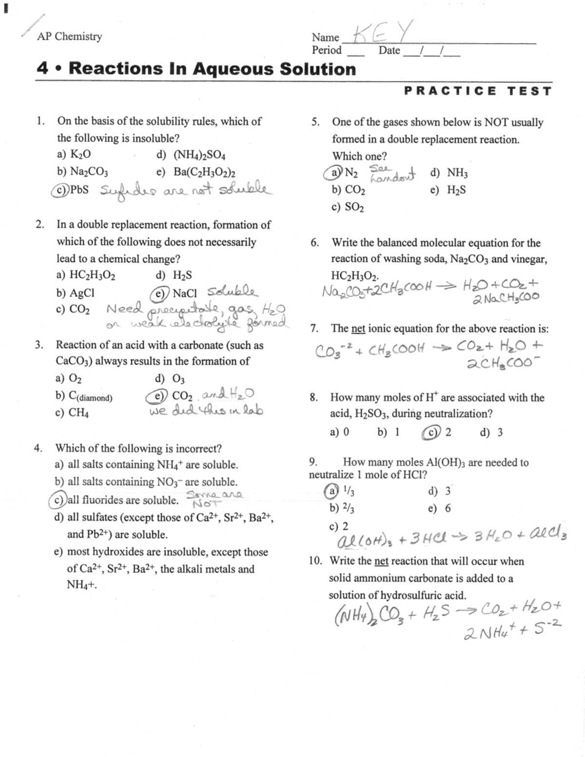 Ch 4 Practice Test Answers - AP Chemistry Name KEY Period Date 4 ...