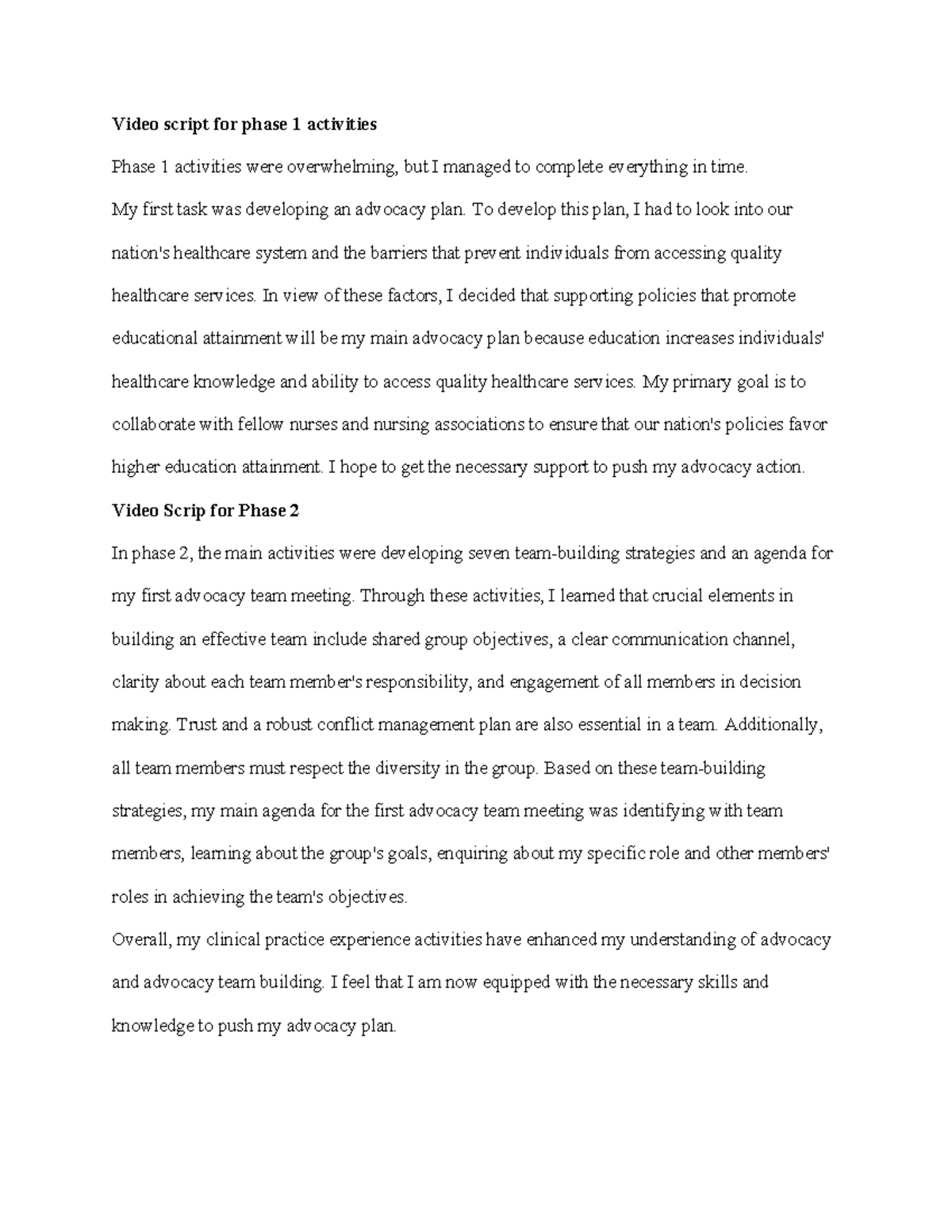 Video script - ujjkk - Video script for phase 1 activities Phase 1 ...