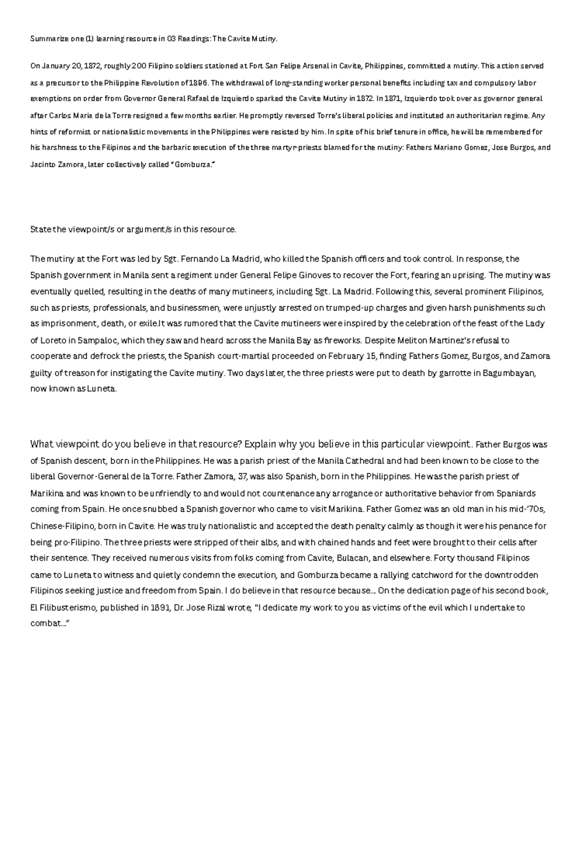 Summarize one (1) learning resource in 03 Readings The Cavite Mutiny - Summarize one (1 ...