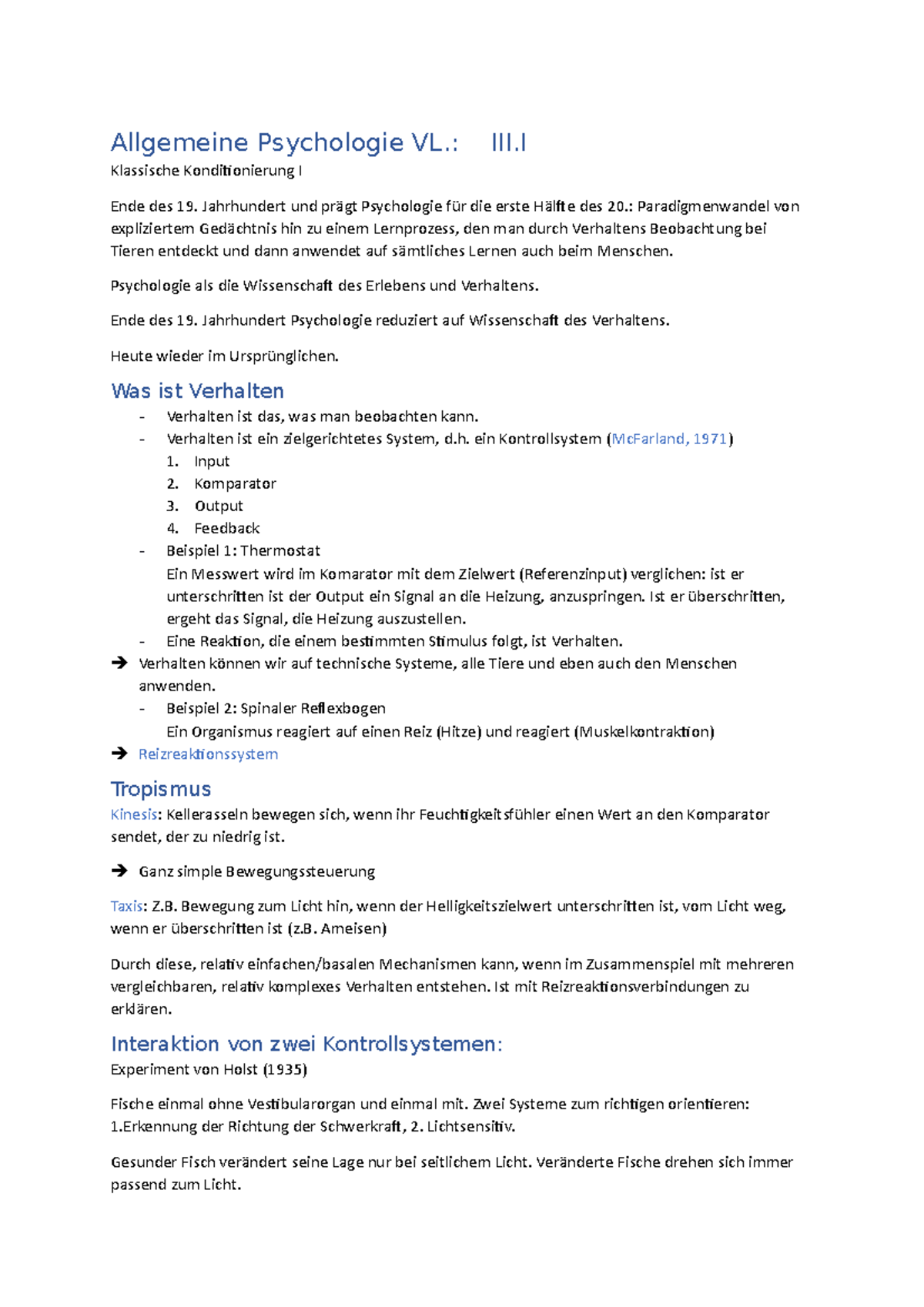 Allgemeine Psychologie VL - : III Klassische Konditionierung I Ende des 19. Jahrhundert und ...