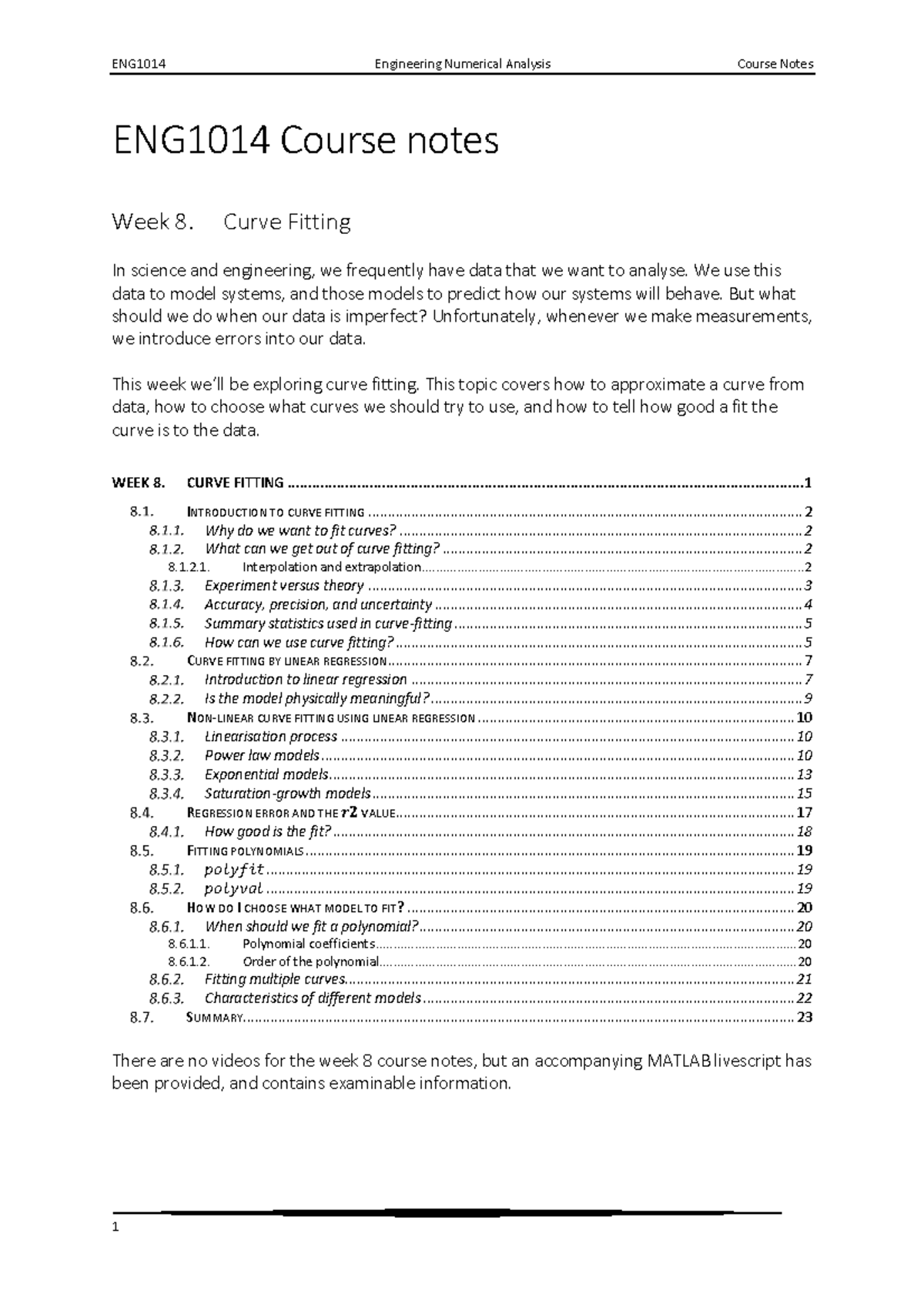 Week 8 Course Notes - Curve Fitting - ENG1014 Course notes Week 8 ...