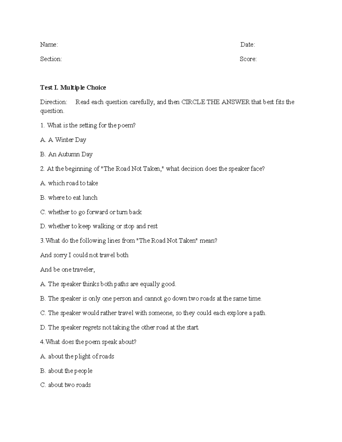 Assessment - SIR MJ to be rpinted - Name: Date: Section: Score: Test I ...