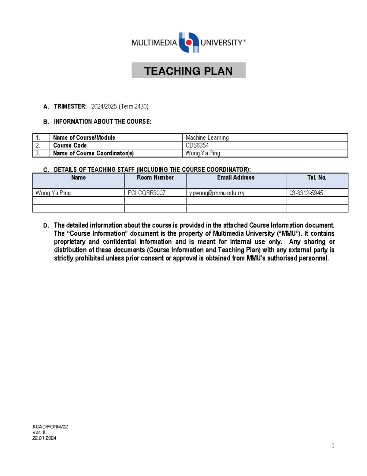 CDS6354 Machine Learning (Tri2430) - Teaching Plan - ACAD/FORM/ Ver. 8 ...
