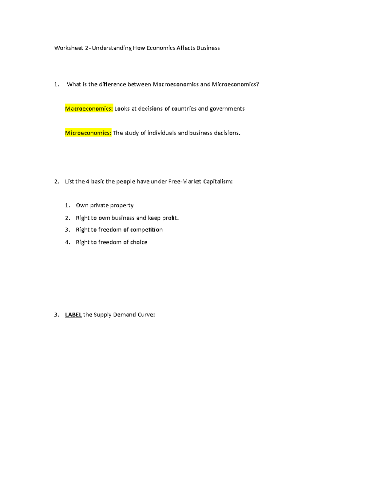 Worksheet 2- Understanding How Economics Affects Business - List the 4 ...