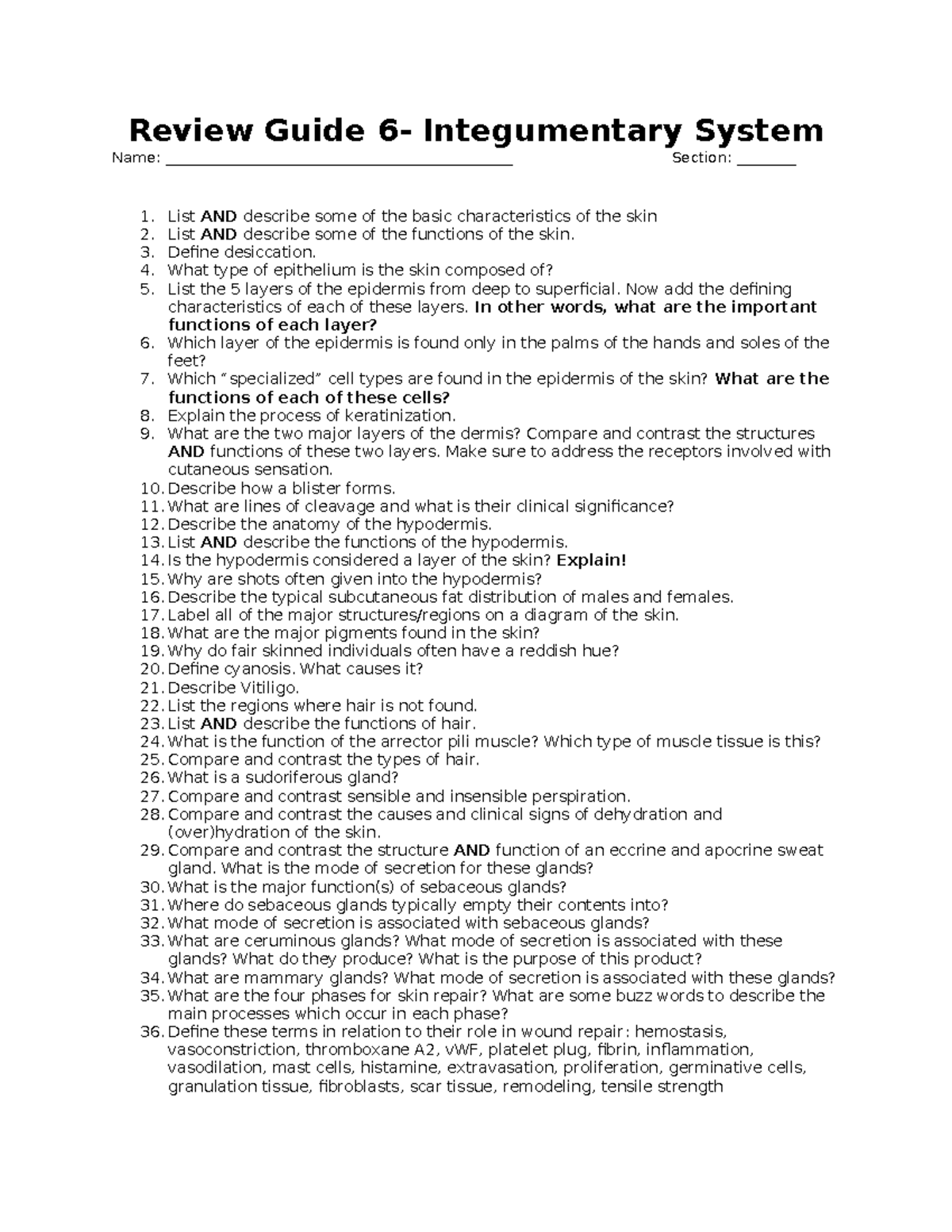 Review Guide 6 Integumentary System Questions for Test. - Review Guide ...