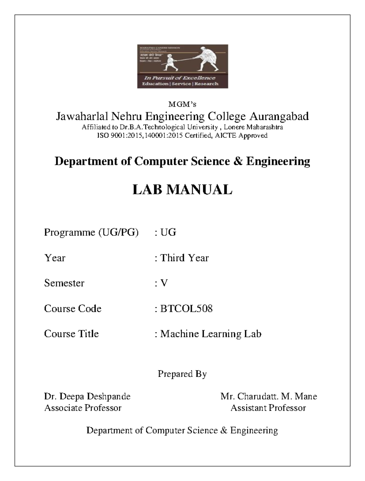 Machine Learning LAB Manual - MGM8s Jawaharlal Nehru Engineering ...