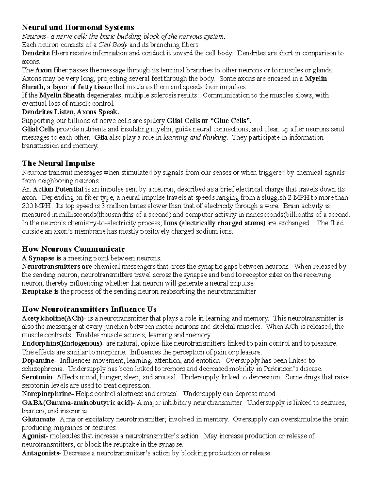Notes module 2 psy - Neural and Hormonal Systems Neurons- a nerve cell ...