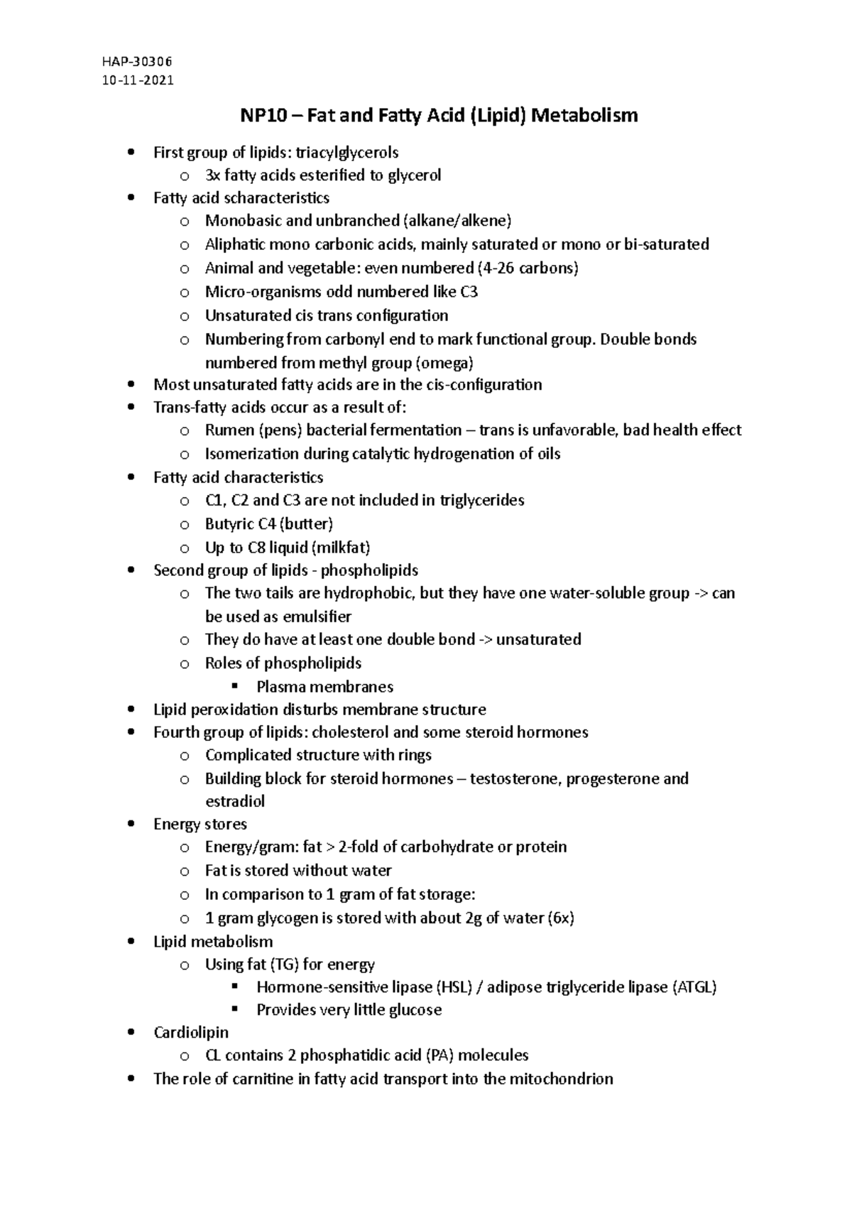NP10 - Aantekeningen lecture NP10 - HAP- 10-11- NP10 – Fat and Fatty ...