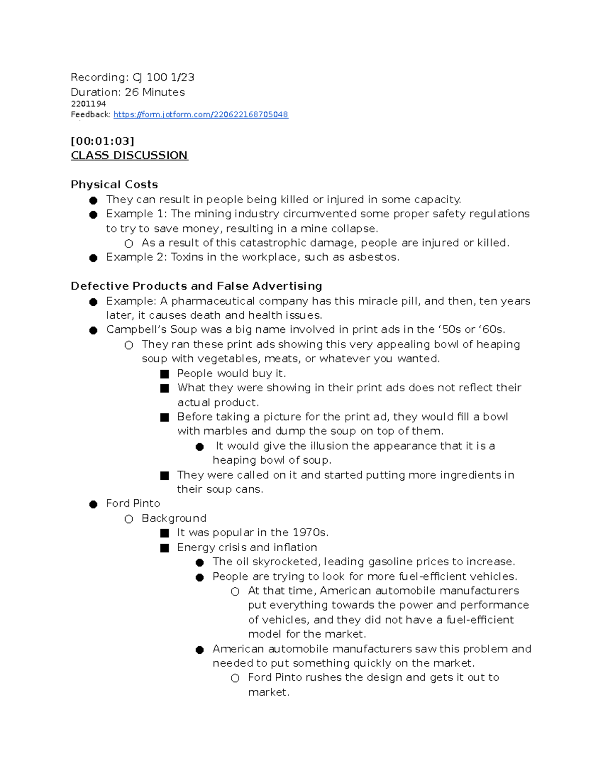 CJ 100 1 23 Summary Notes - Recording: CJ 100 1/ Duration: 26 Minutes ...