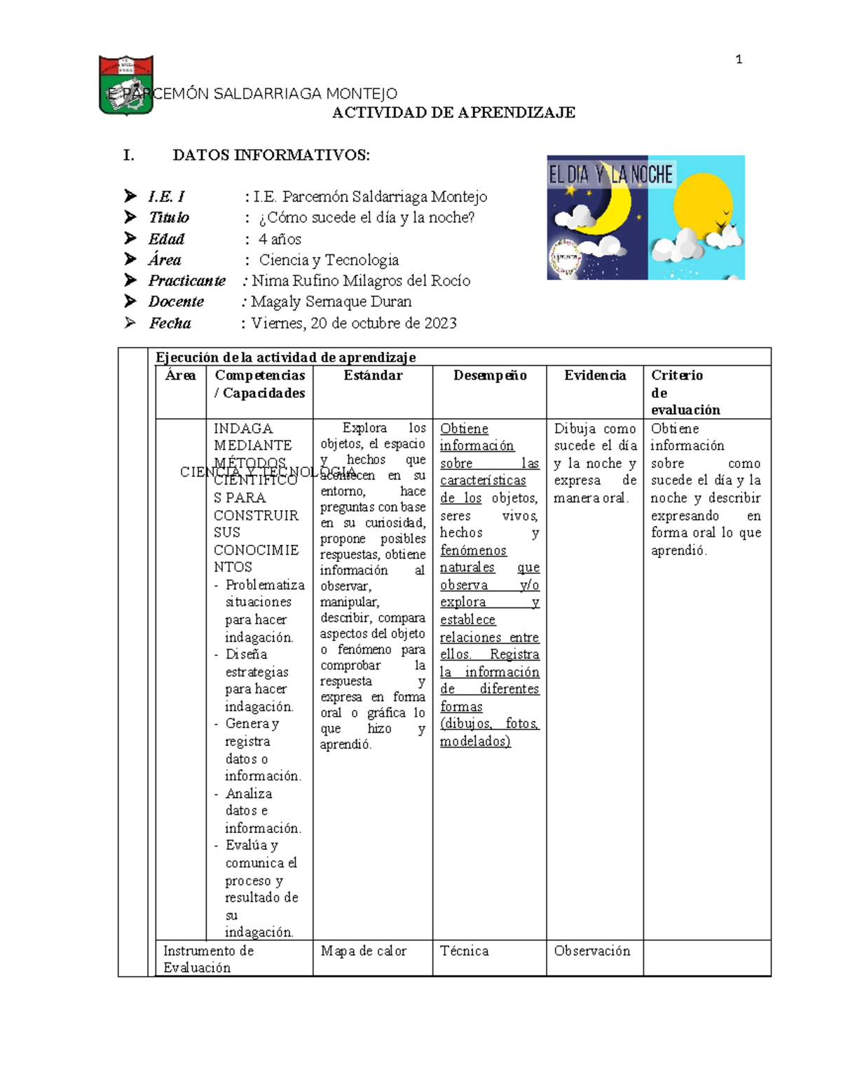 Sesión de aprendizaje Día y noche - I PARCEMÓN SALDARRIAGA MONTEJO ...