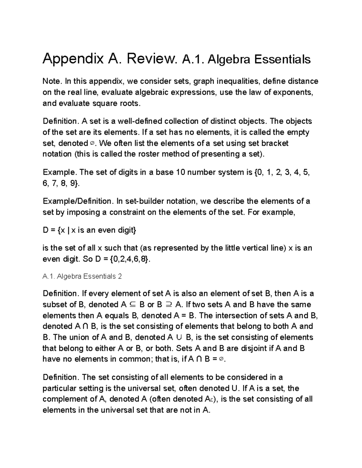 Appendix A - pre calc notes - Appendix A. Review. A. Algebra Essentials ...