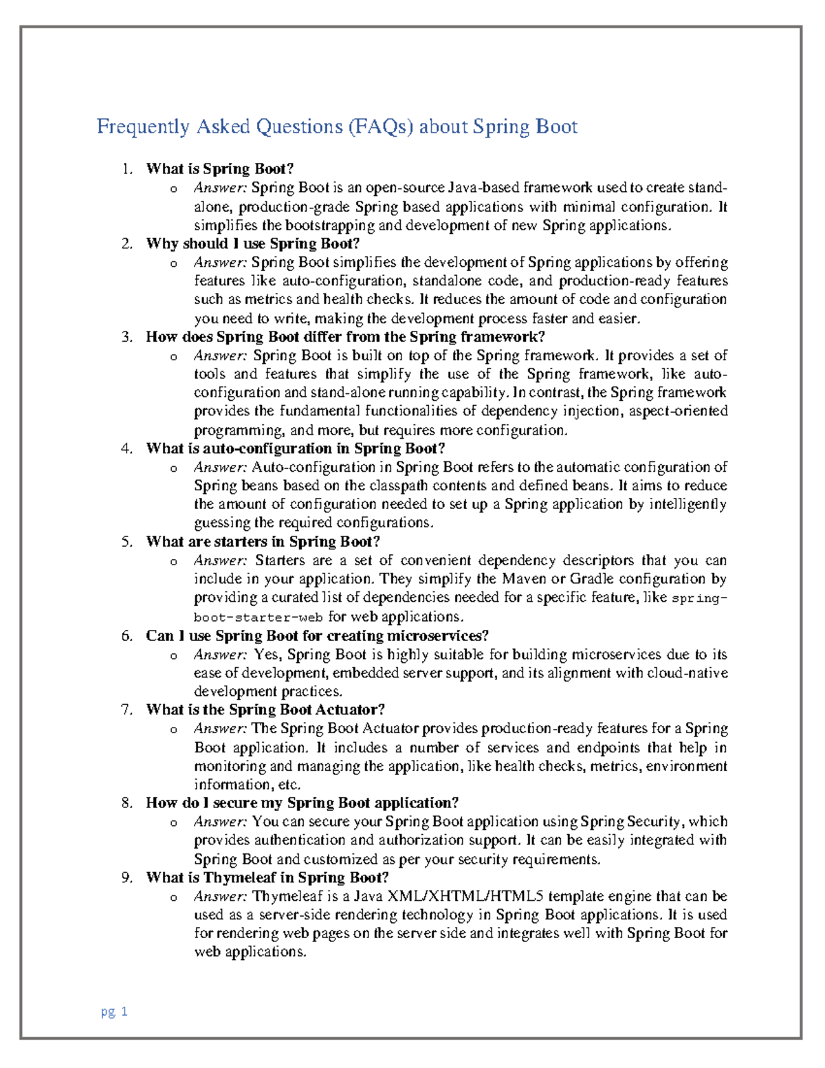 00 Spring Boot Faqs Pg 1 Frequently Asked Questions Faqs About Spring Boot What Is Spring