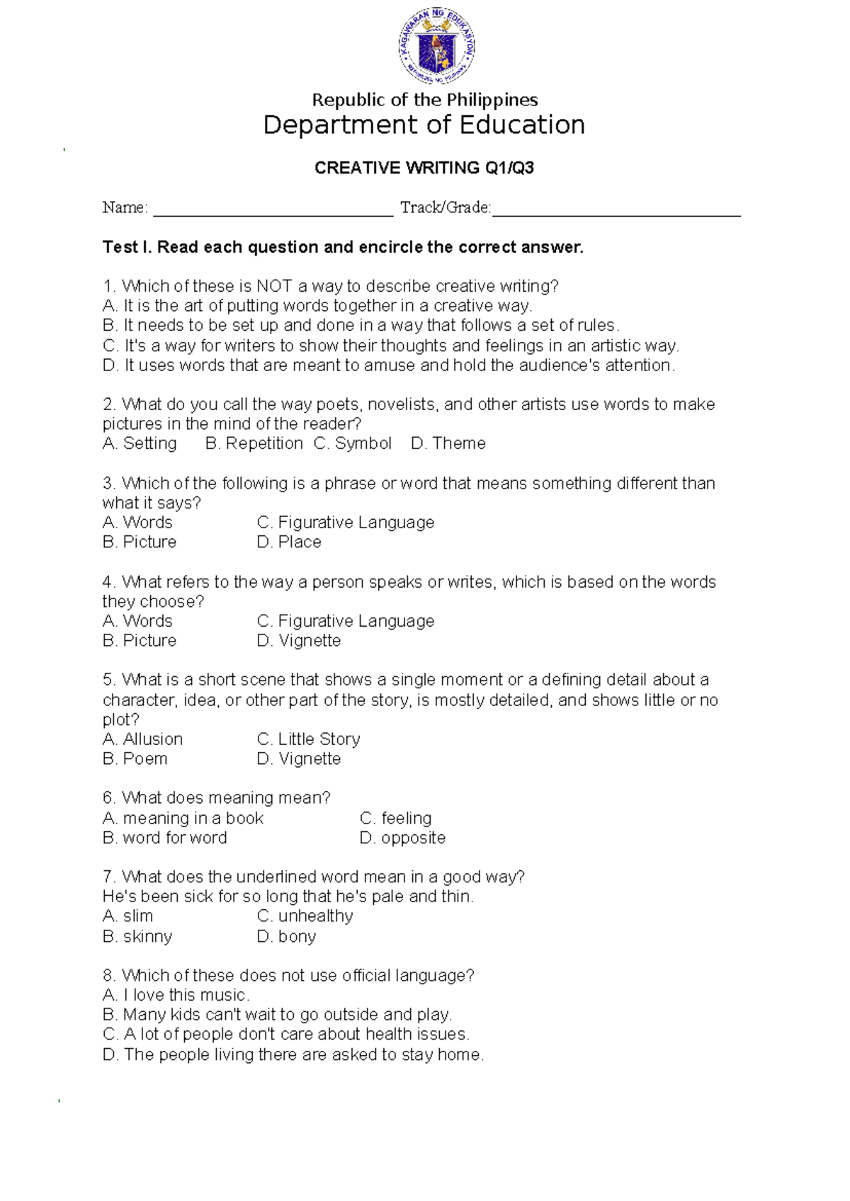 First Quarter Examination IN Creative Writing - Department of Education ...