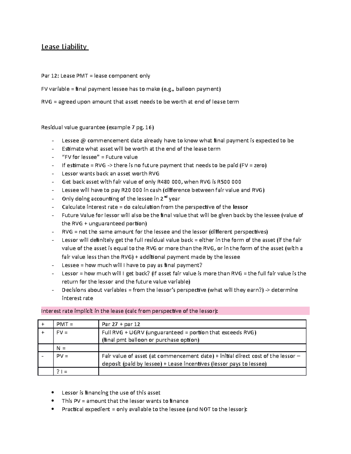 Lease Liability Class Notes - Lease Liability Par 12: Lease PMT = lease ...
