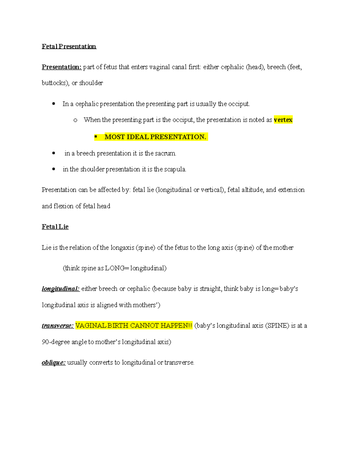 Fetal Presentation - maternity notes - NUR320 - Quinnipiac - Studocu