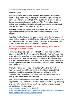 Napoleon Bonaparte essay - Did Napoleon consolidate or betray the ...