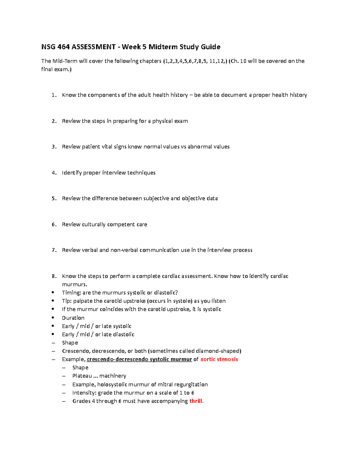 NSG 464 Assessment Midterm Study Guide - NSG 464 ASSESSMENT - Week 5 Midterm Study Guide The ...