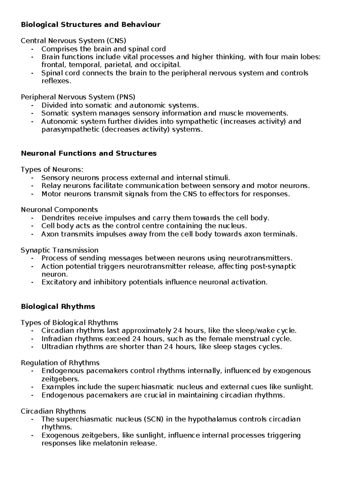 Summarised Biopsychology notes - Biological Structures and Behaviour ...