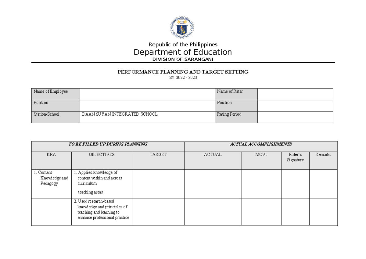 DSIS Performance ANDPlanning Target Setting T I III - Republic of the ...