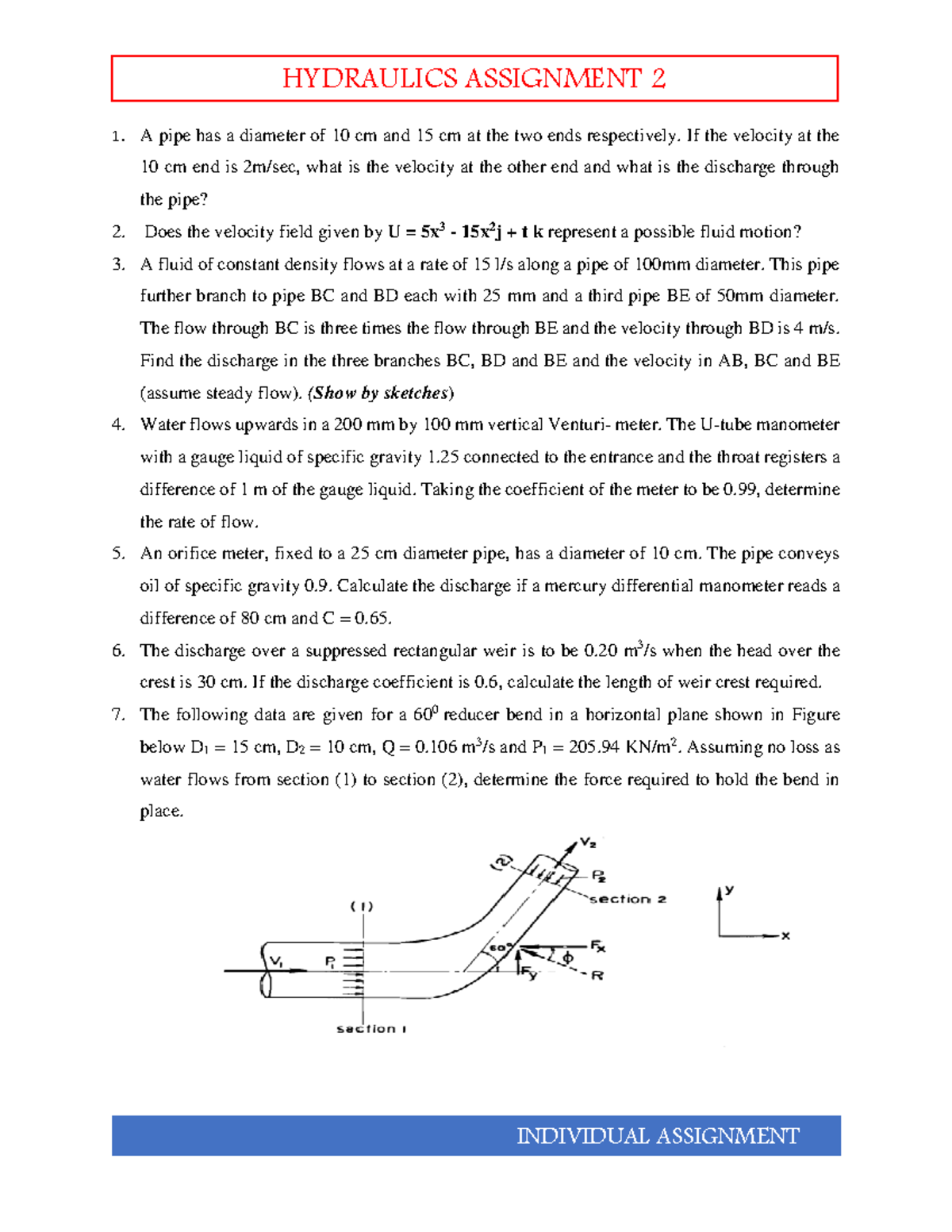 Hydraulics Assignment 2 - INDIVIDUAL ASSIGNMENT HYDRAULICS ASSIGNMENT 2 A pipe has a diameter of ...