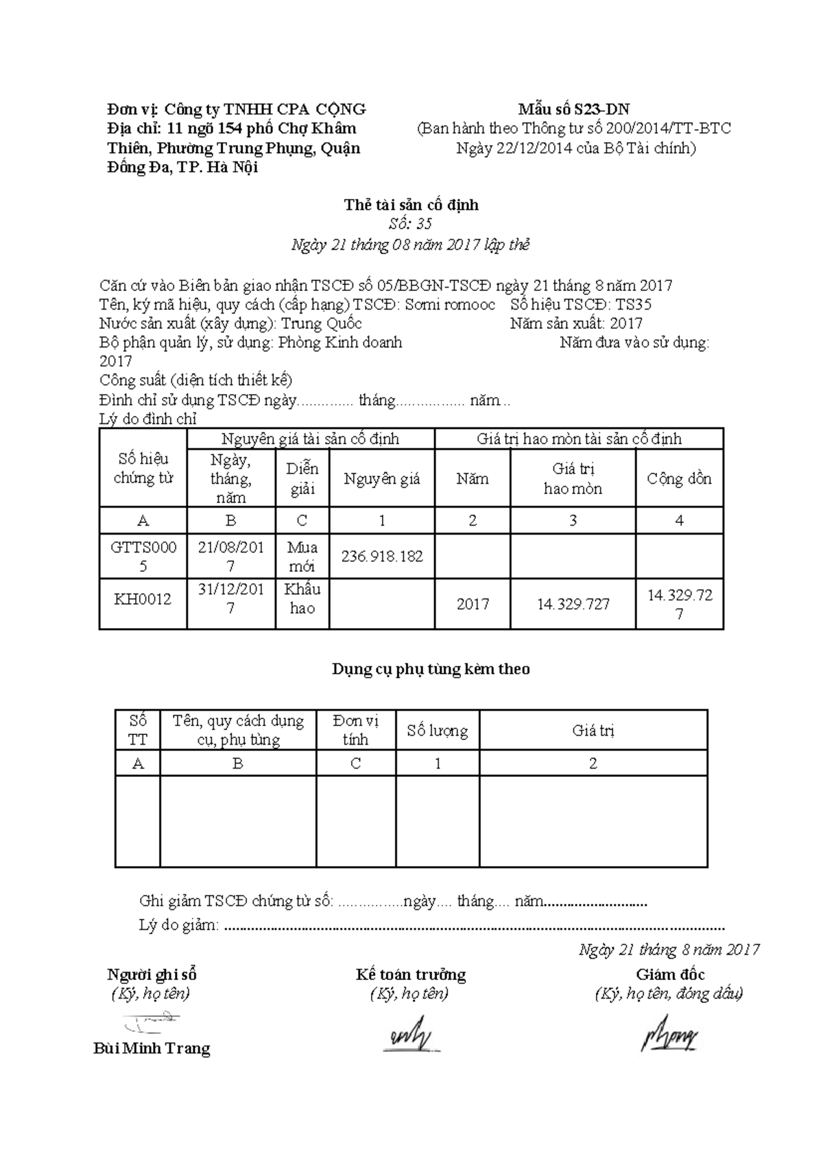 Thẻ TSCĐ - thẻ tscd - Đơn vị: Công ty TNHH CPA CỘNG Địa chỉ: 11 ngõ 154 phố Chợ Khâm Thiên ...