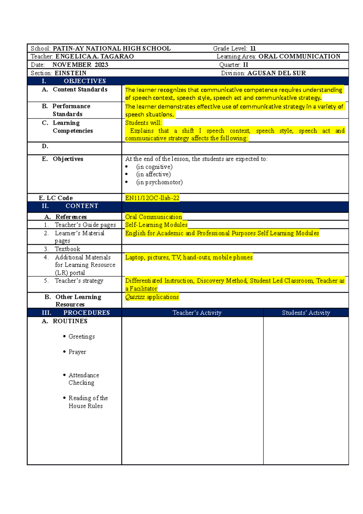 KPUP LP Engelica - Lesson Plan - School: PATIN-AY NATIONAL HIGH SCHOOL ...
