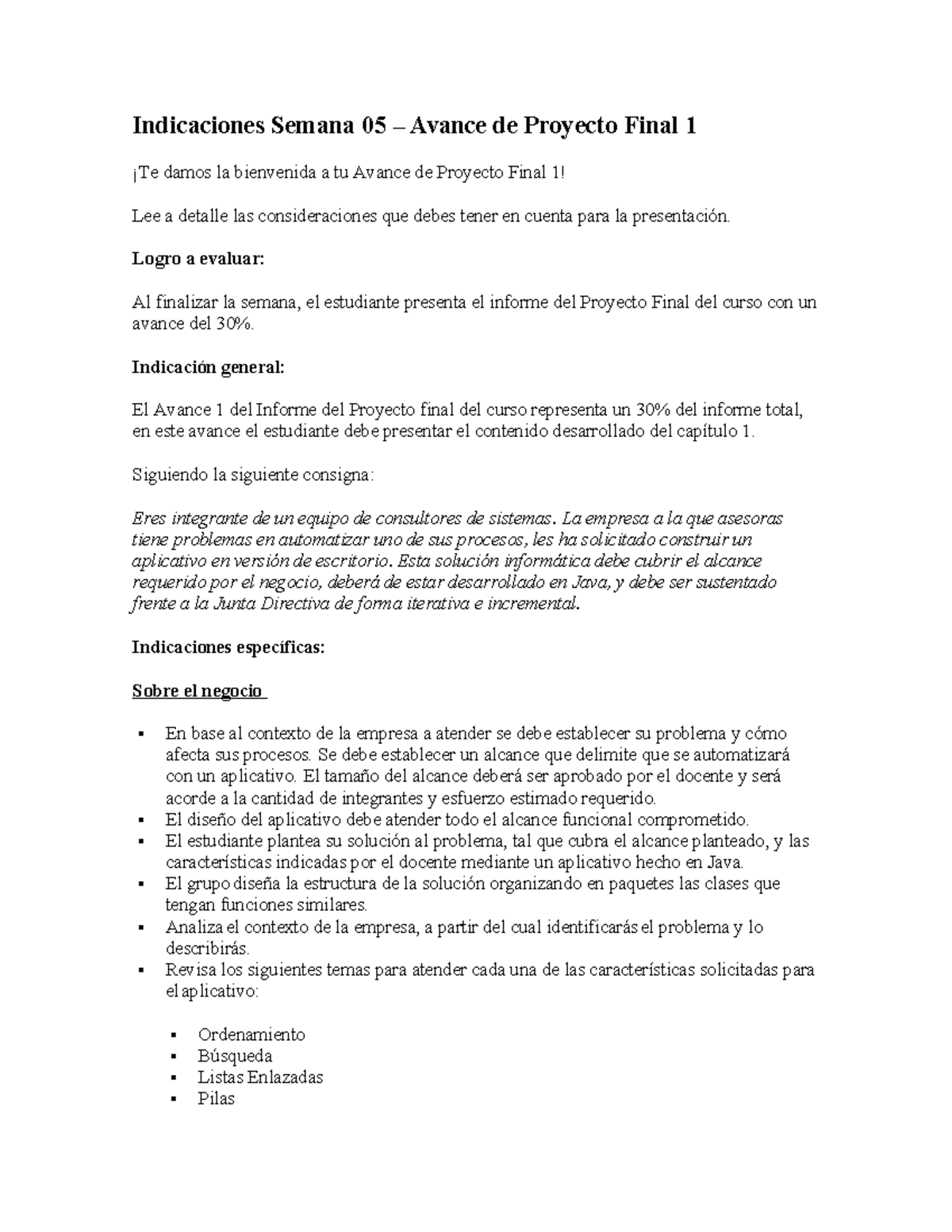 Indicaciones Semana 05 – Avance de Proyecto Final 1 - Indicaciones Semana 05 – Avance de ...