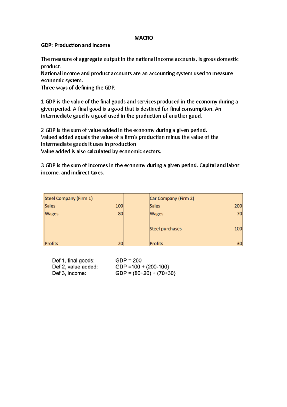 Lecture notes of first lesson, GDP - MACRO GDP: Production and income ...