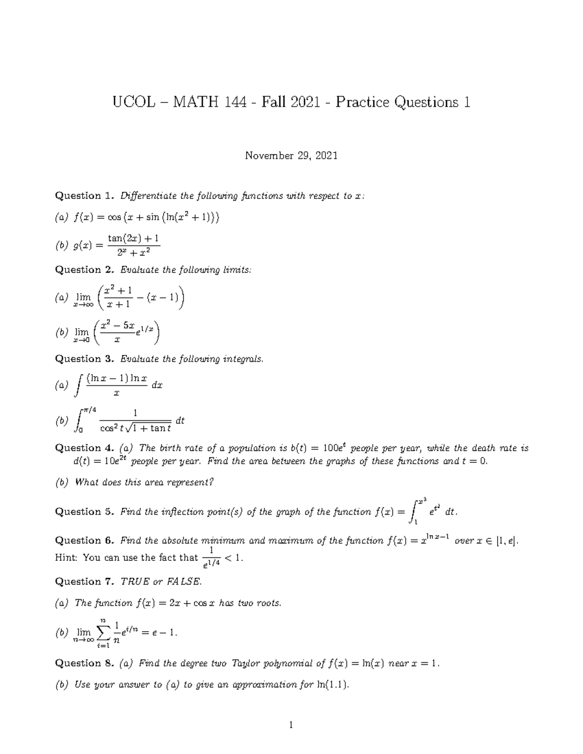Sample 1 - practice - UCOL – MATH 144 - Fall 2021 - Practice Questions ...
