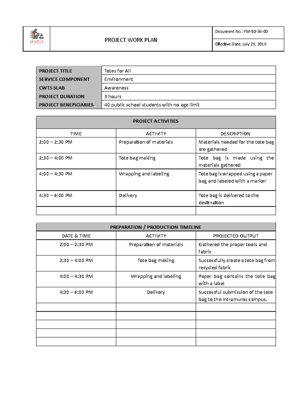 Project work plan - PROJECT WORK PLAN Document No.: FM-S0- 36 - 00 Effective Date: July 29, 2019 ...
