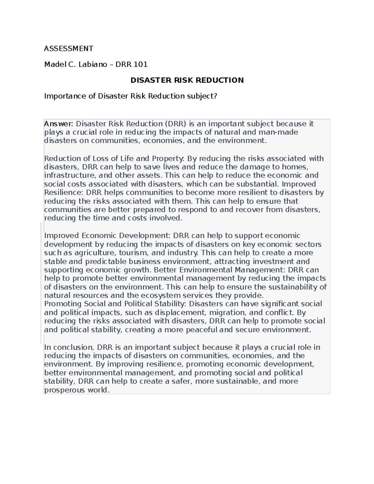 DRR 1 - Importance of Disaster Risk Reduction - ASSESSMENT Madel C ...