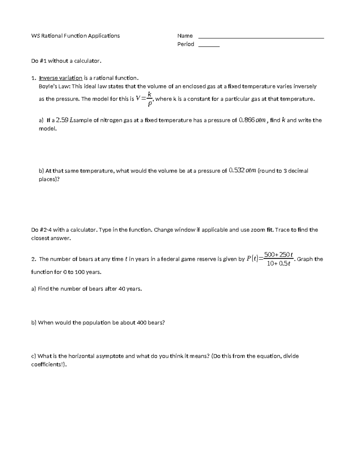 Ws Rational Function Applications 1 Inverse Variation Is A Rational