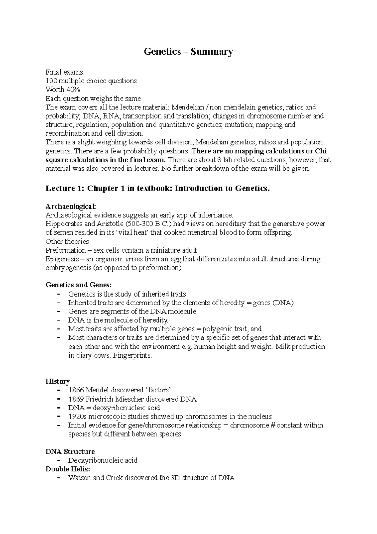 Genetics - Summary (All lectures) - Genetics – Summary Final exams: 100 ...