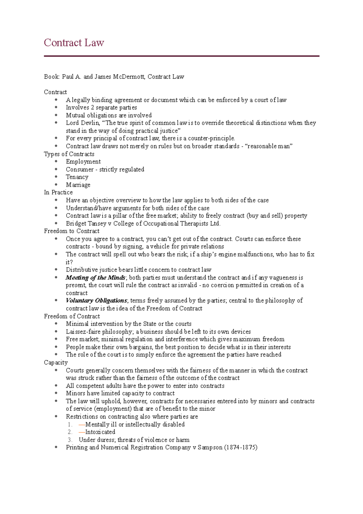 Contract Law Lecture Notes - Contract Law Book: Paul A. and James ...