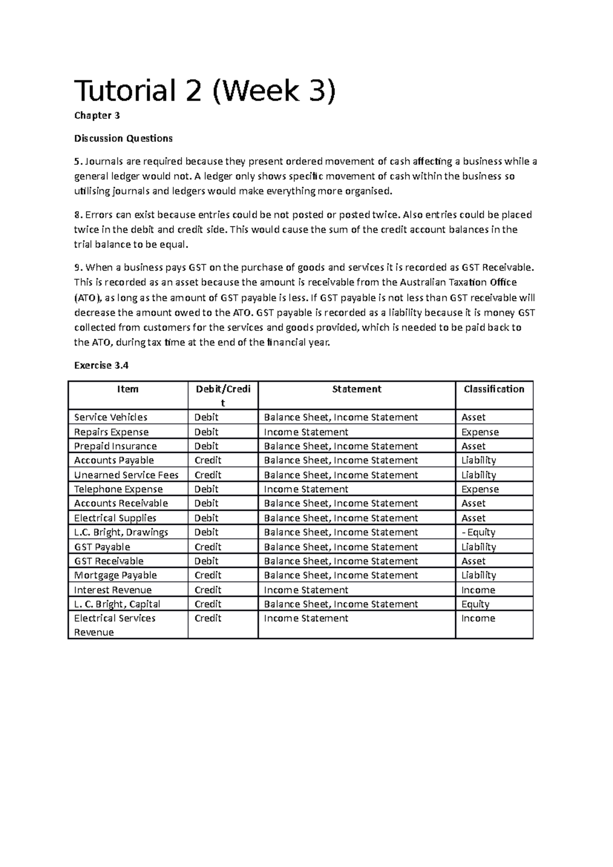 Tutorial 2 - yeah - Tutorial 2 (Week 3) Chapter 3 Discussion Questions Journals are required ...