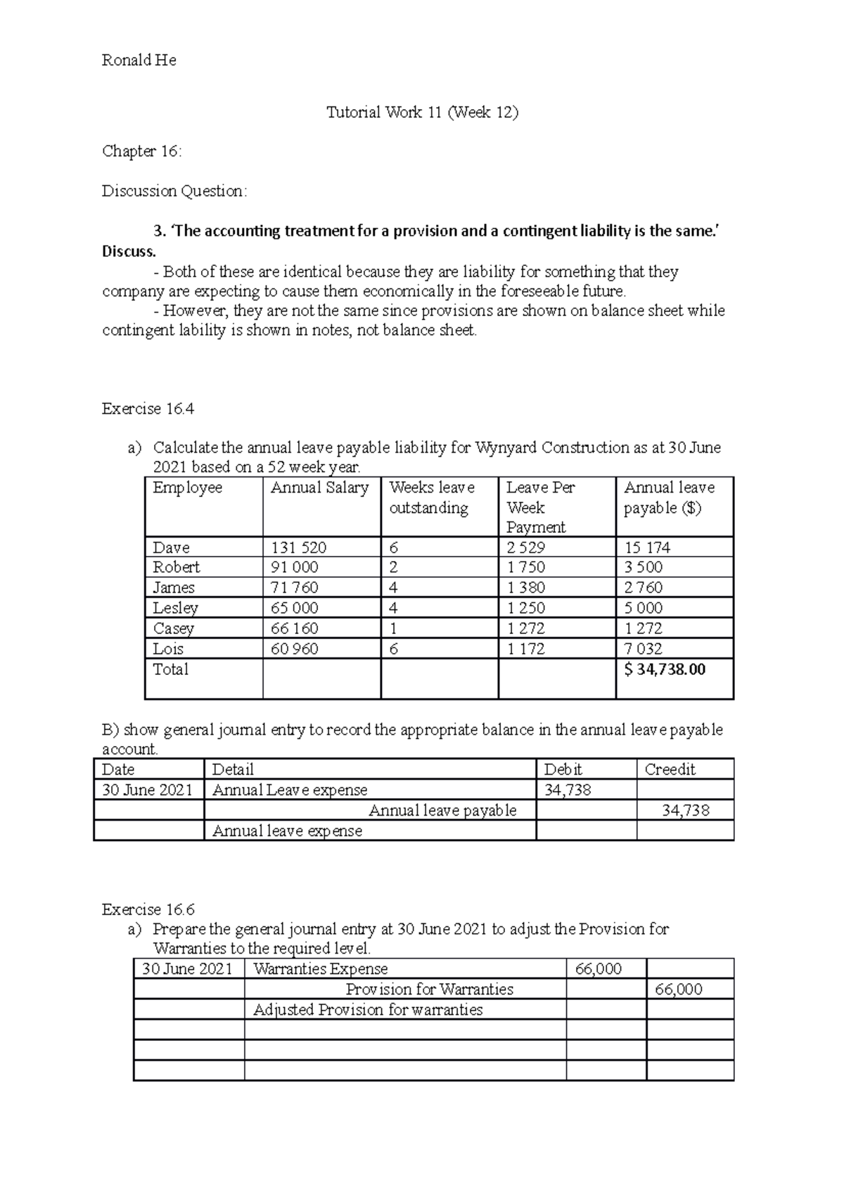 Accounting Tutorial Work 11 - Tutorial Work 11 (Week 12) Chapter 16 ...