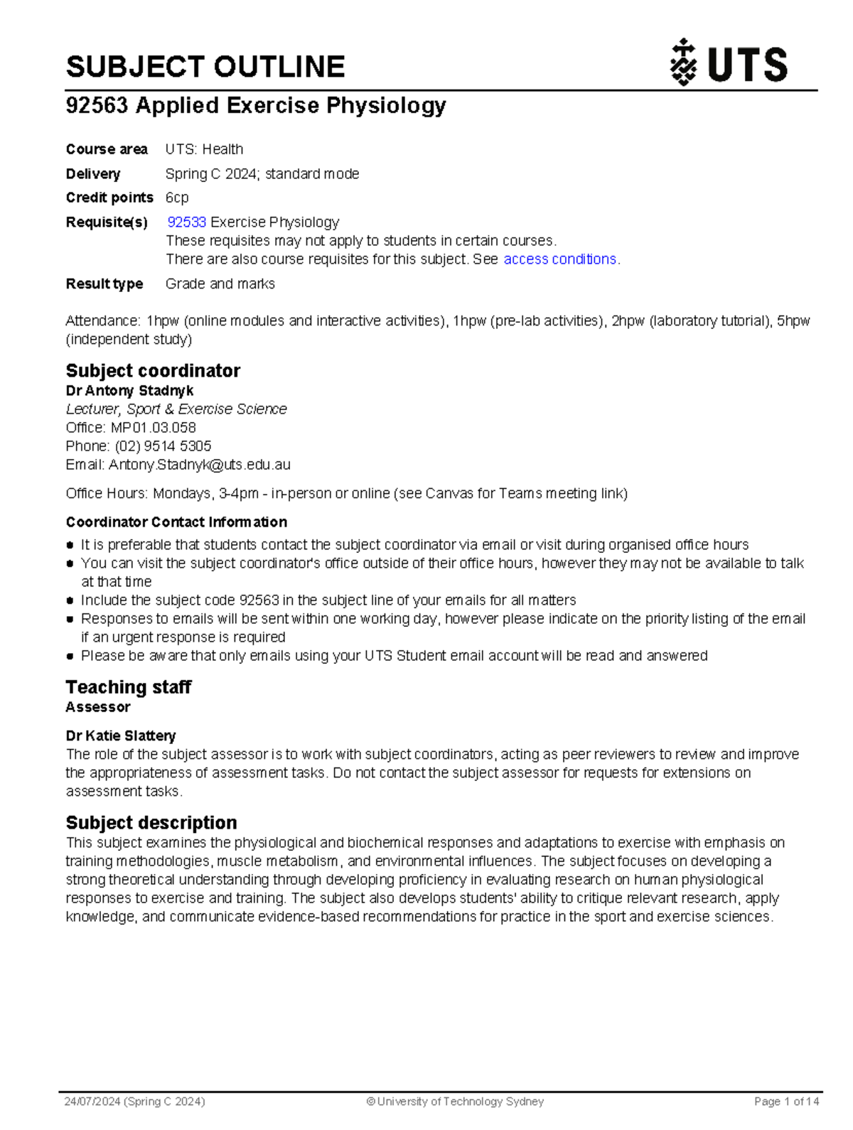 Subject outline applied ex physiology - SUBJECT OUTLINE 92563 Applied Exercise Physiology - Studocu