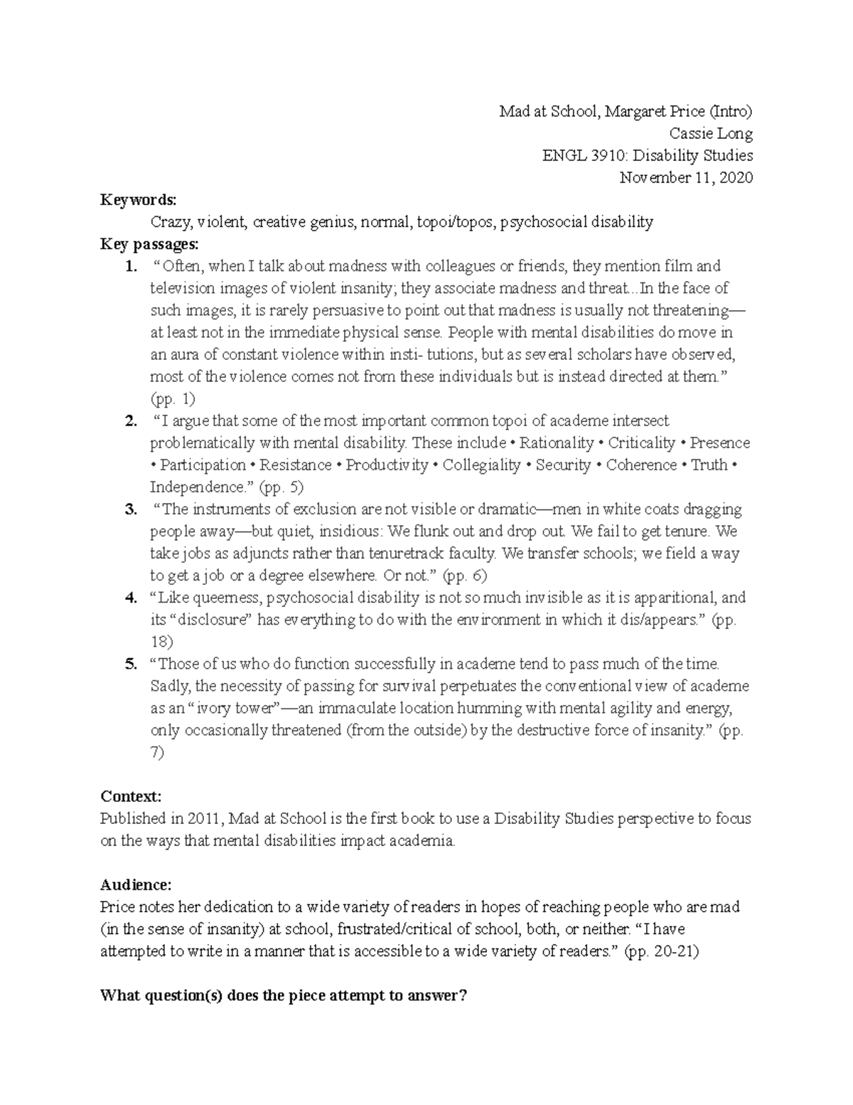 Handout - Mad at School, Margaret Price (Intro) Cassie Long ENGL 3910 ...