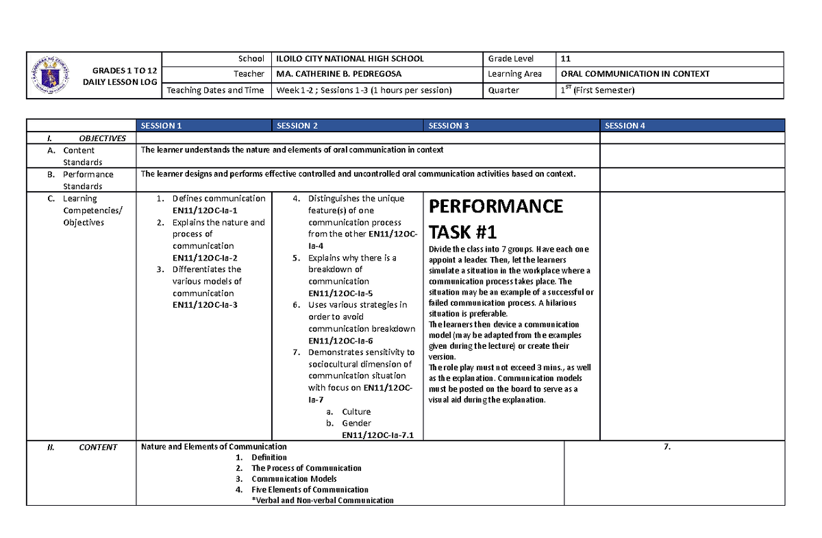 Sample DLL - GRADES 1 TO 12 DAILY LESSON LOG School ILOILO CITY ...