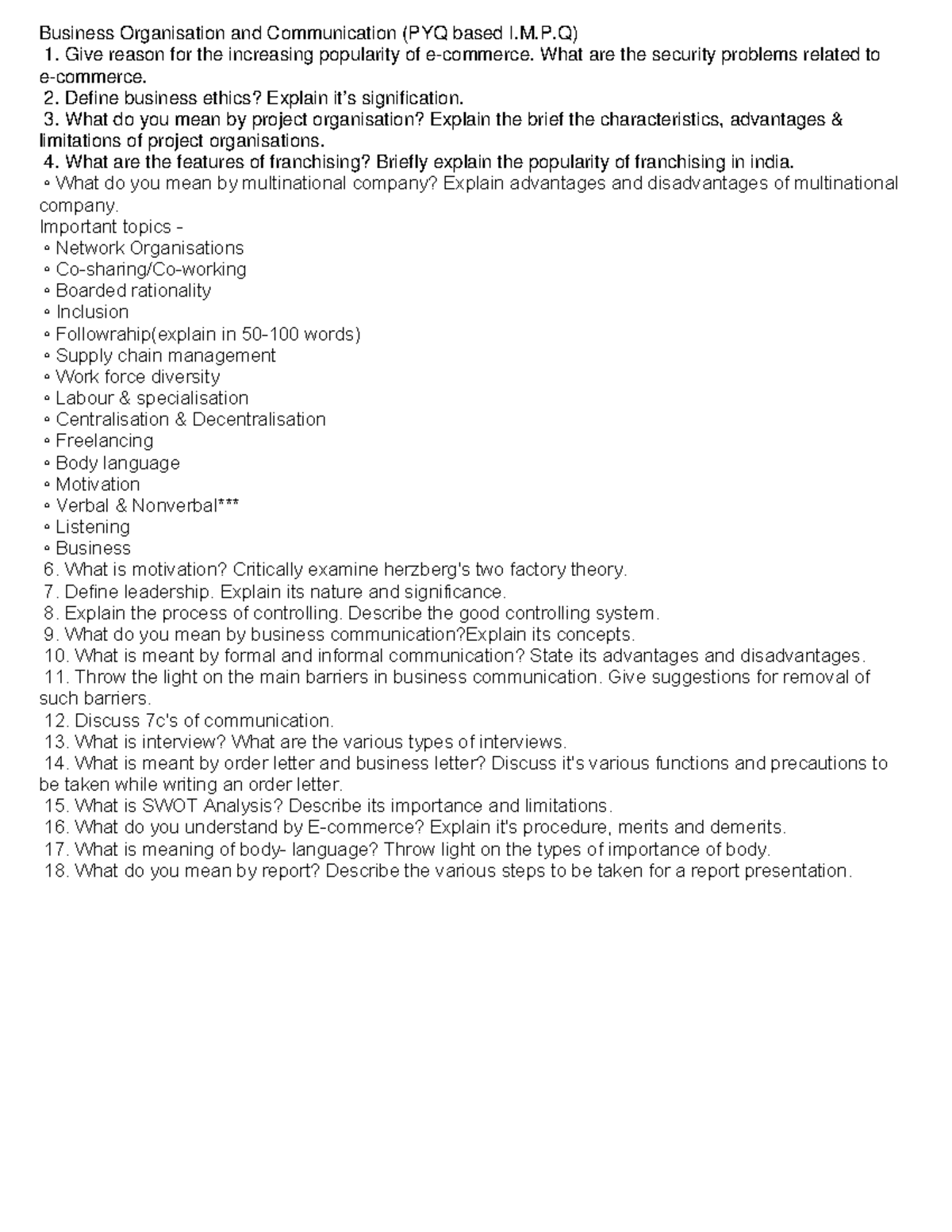 Usefull important questions for bcom students - Business Organisation and Communication (PYQ ...