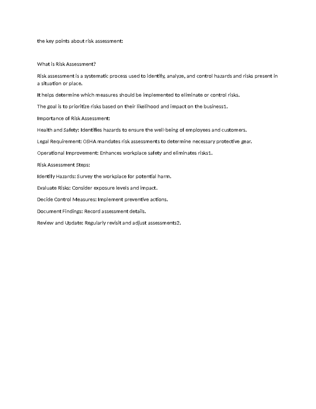 Risk assessment - Details Note - the key points about risk assessment ...