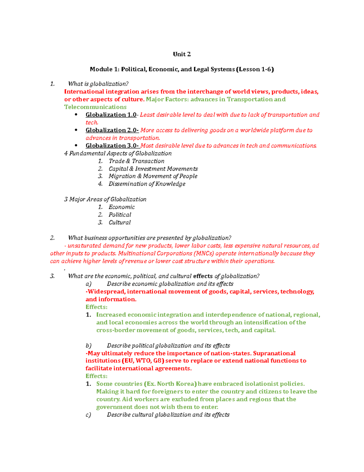 Unit 2 - Study Guide Notes - Unit 2 Module 1: Political, Economic, and ...