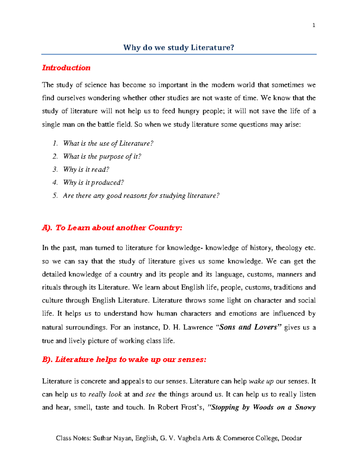 Why do we study Literature - 1 Class Notes: Suthar Nayan, English, G. V ...