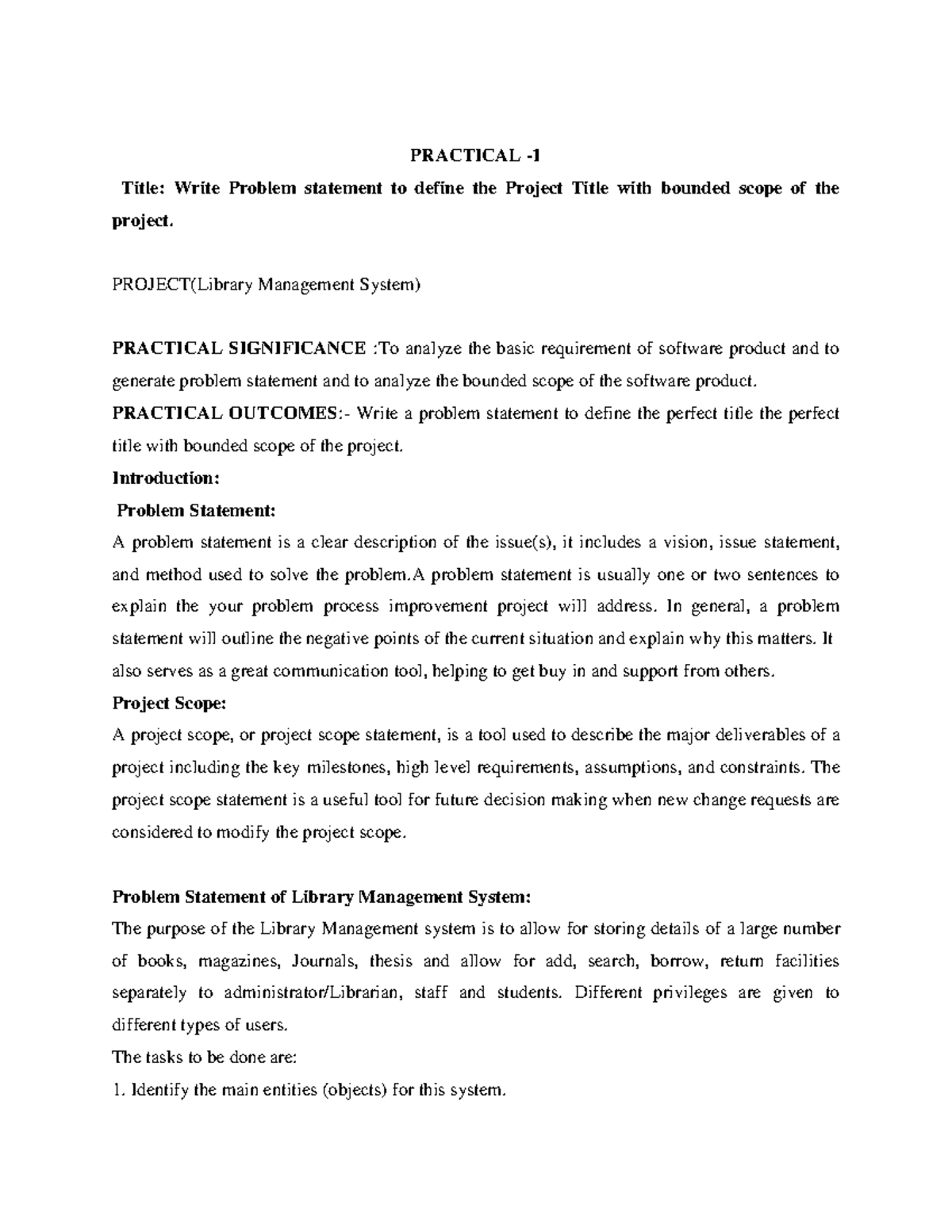 Practical no - PRACTICAL - Title: Write Problem statement to define the ...