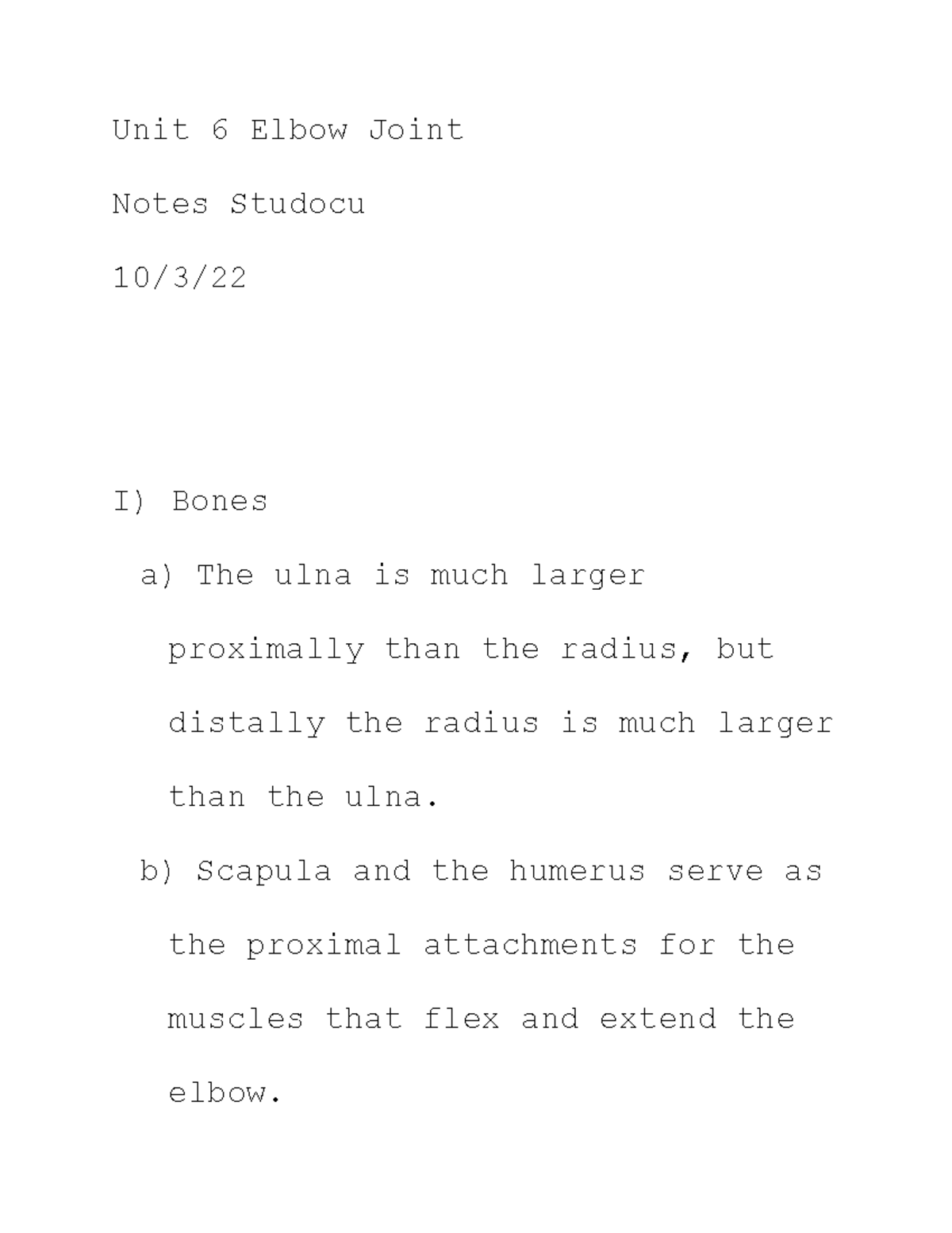 Unit 6 Elbow Joint - Fundementals of human movement Sue K Notes - Unit ...